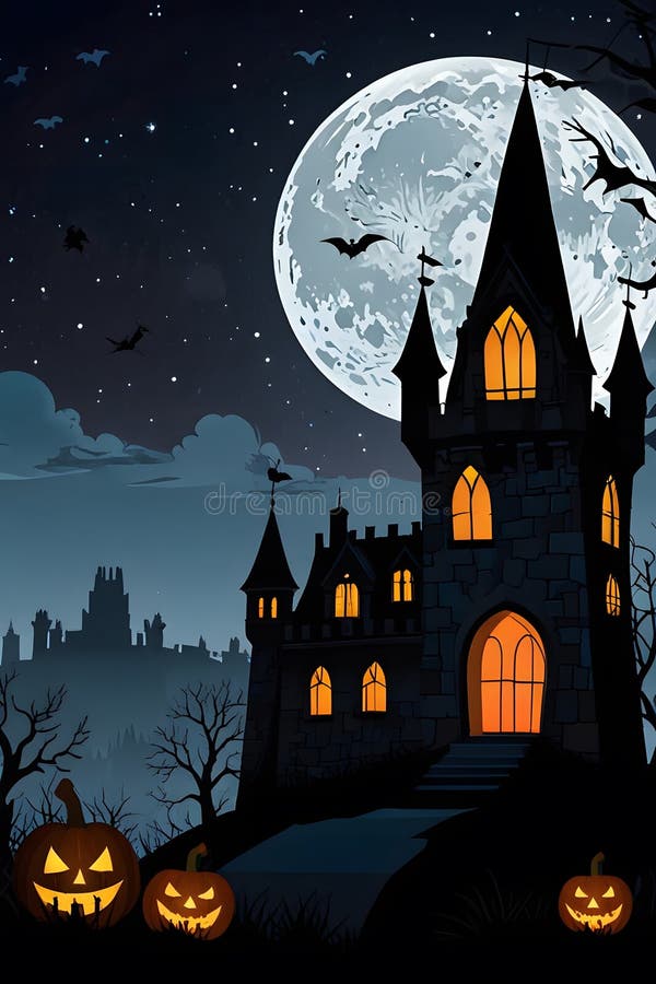 Flat Vector Halloween Background Spooky Castle with Pumpkins and Bats ...