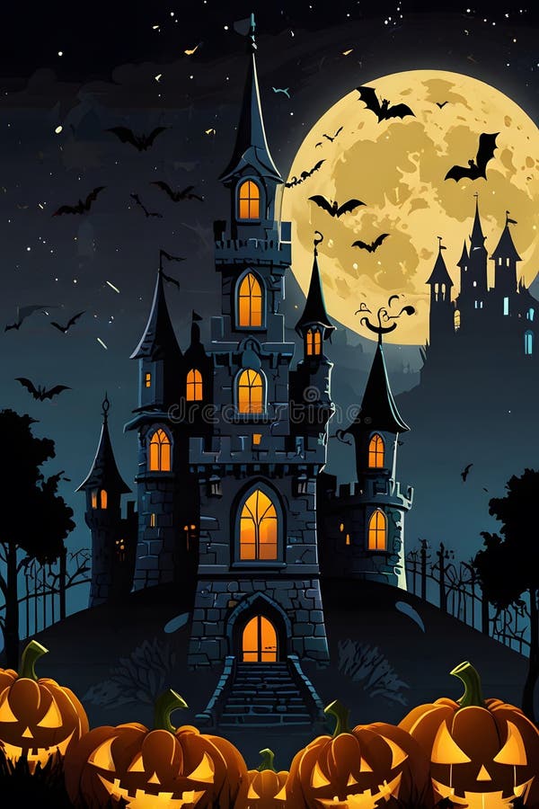 Flat Vector Halloween Background Spooky Castle with Pumpkins and Bats ...