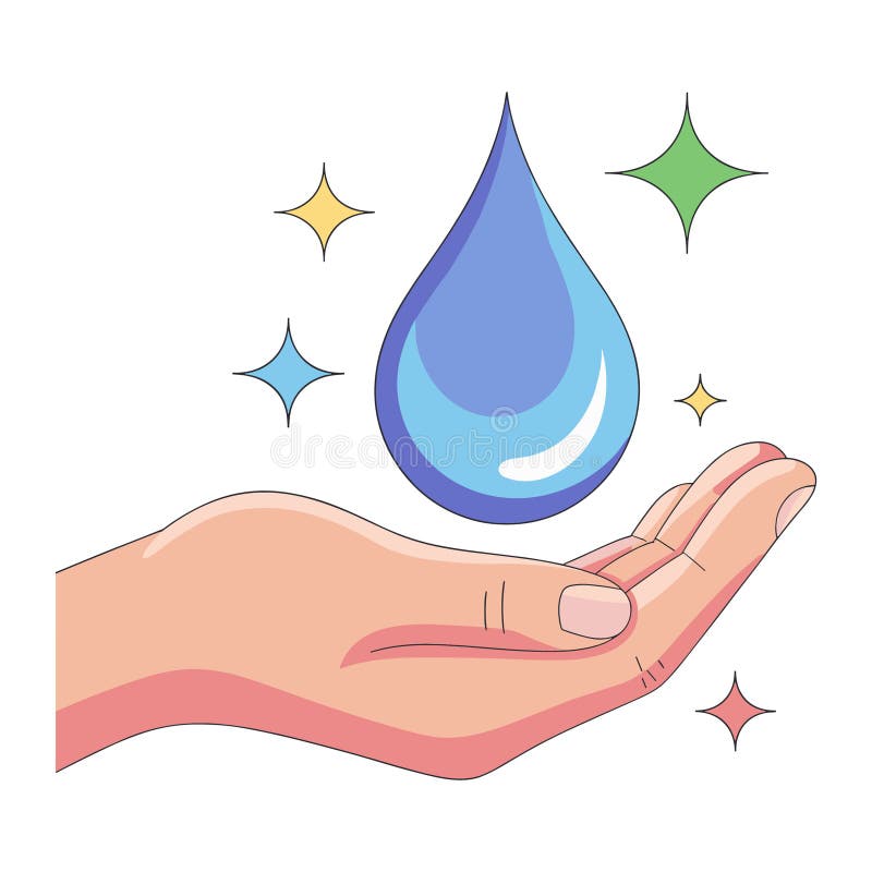 Flat Vector of Hand Holding Water Drop with Symbols Stock Illustration ...