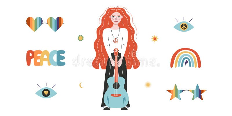 Flat Vector Hippy Boho Illustration. Hand Drawn Retro Groovy Elements ... Flat Vector Hippy Boho Illustration. Hand Drawn Retro Groovy Elements ...