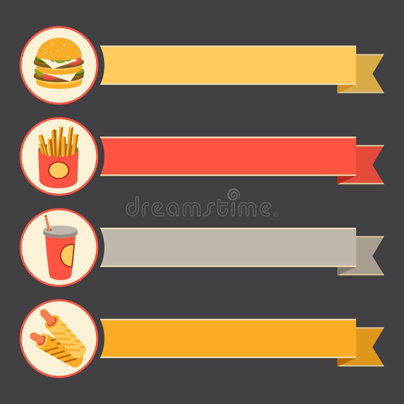 Flat Vector Icon Set Fast Food with Vintage Ribbons Stock Vector ...