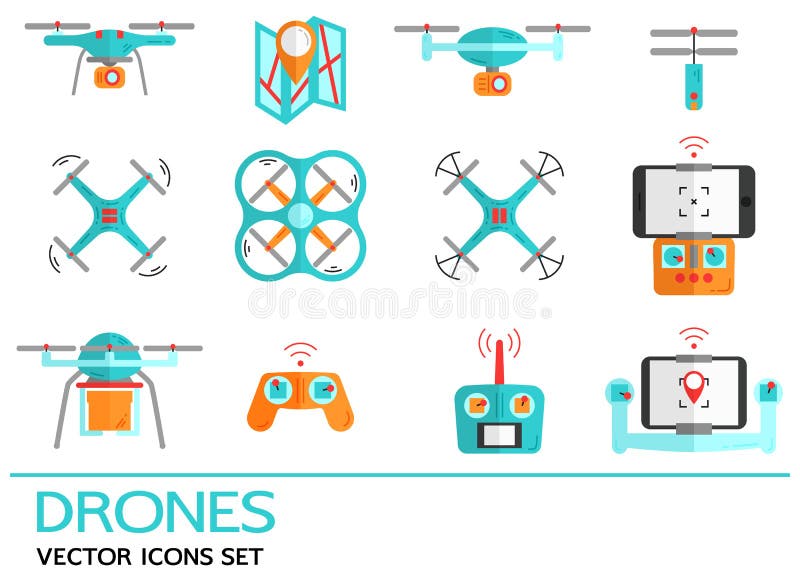Flat Vector Icons Set with Drones. Collection of Elements with ...