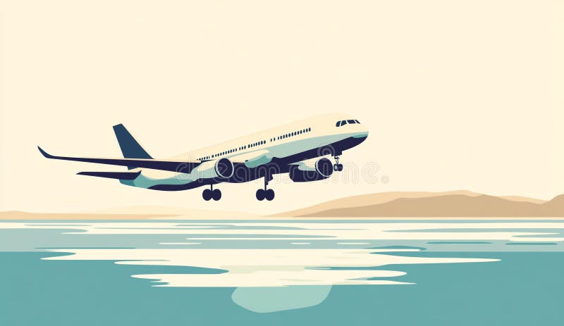 Flat Vector Illustration of Airplane Taking Off Over Water with Land in ...