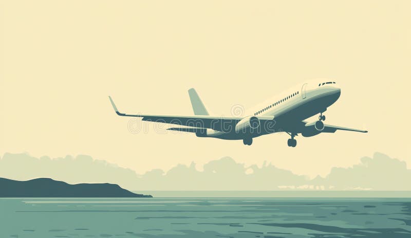 Flat Vector Illustration of Airplane Taking Off Over Water with Land in ...