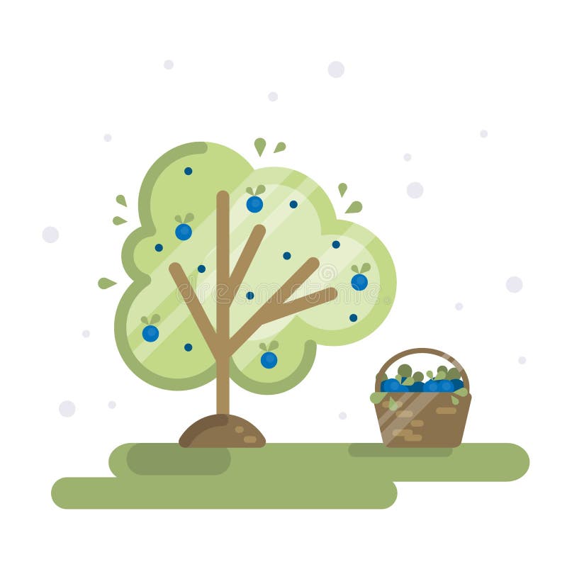 Flat Vector Illustration with Berries Tree and a Basket of Harvest ...