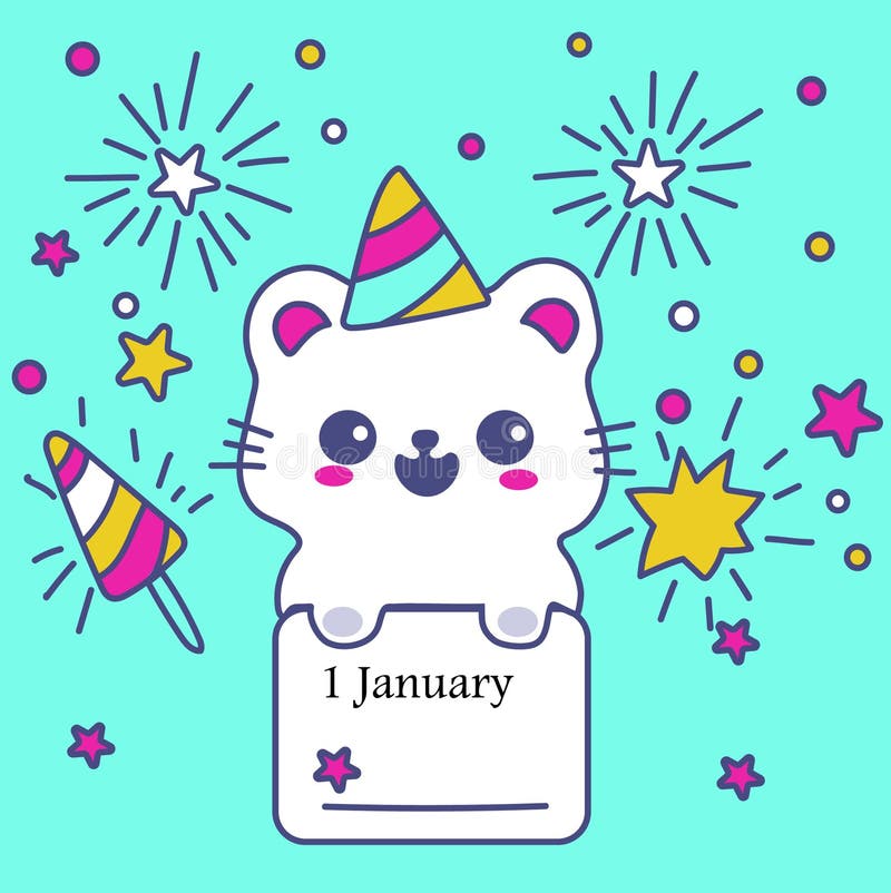 Flat Vector Illustration with Cat, Stars Isolated Fireworks 1 January ...