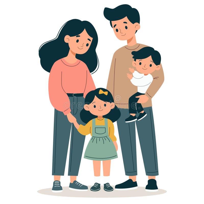 Flat Vector Illustration. Cute Family, Mom, Dad, Daughter and Son on ...