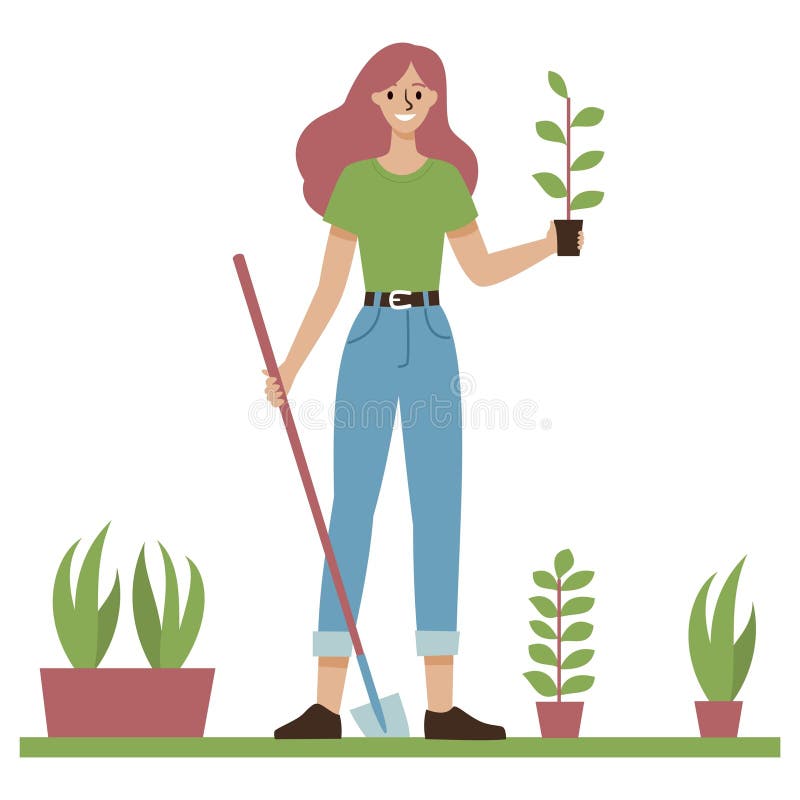 Flat Vector Illustration Cute Girl Planting Tree Seedlings Doing