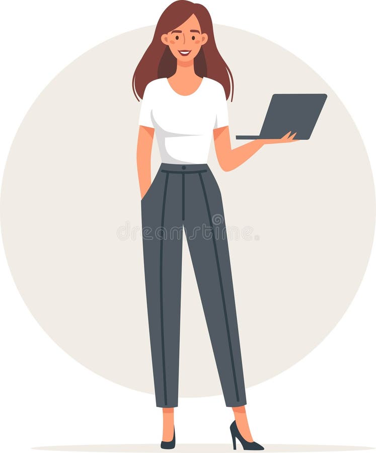 Flat Vector Illustration. Cute Woman Standing Smiling and Holding a ...