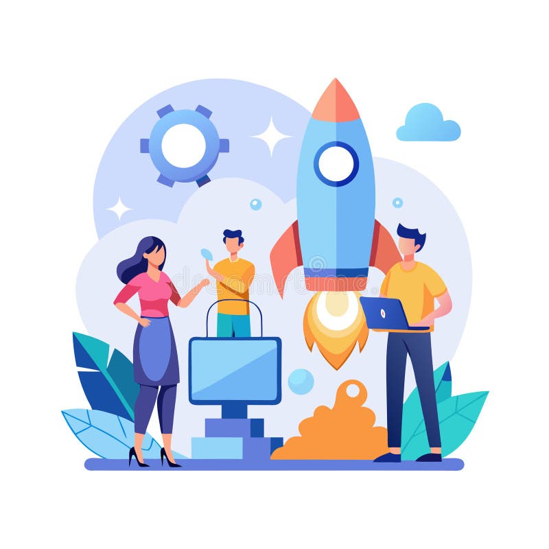 Team Collaboration Launching Startup Rocket Concept in Flat Vector Illustration Stock Vector ...