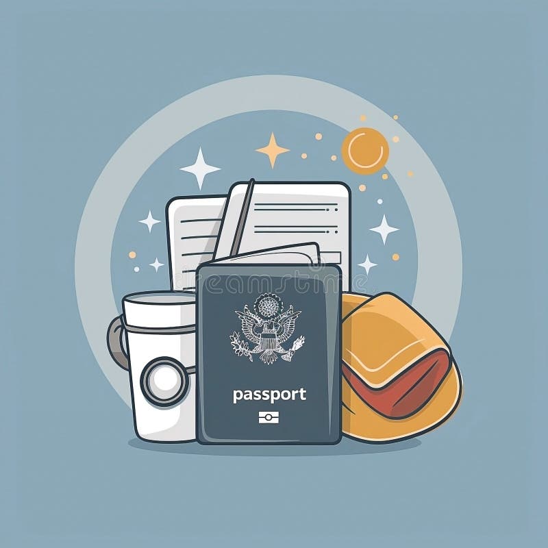 Flat Vector Illustration of Passport and Travel Documents on Blue ...