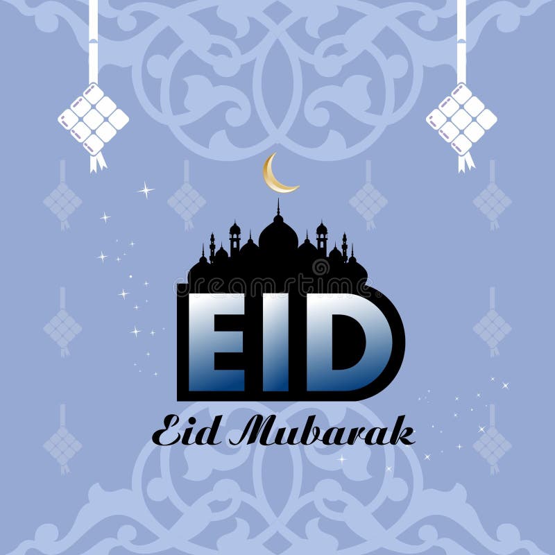 Eid Al Fitr with Silhouette Mosque, Text, Crescent Moon and Stars in ...