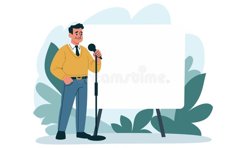 Flat Vector Illustration. Elderly Man is Giving Presentation, Speaking ...