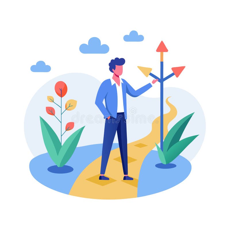 A Man at a Crossroads Contemplating Different Paths in a Flat Vector ...