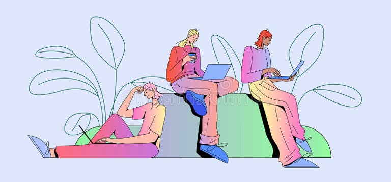 Flat Vector Illustration of Female Programmers Working As a Team Stock ...