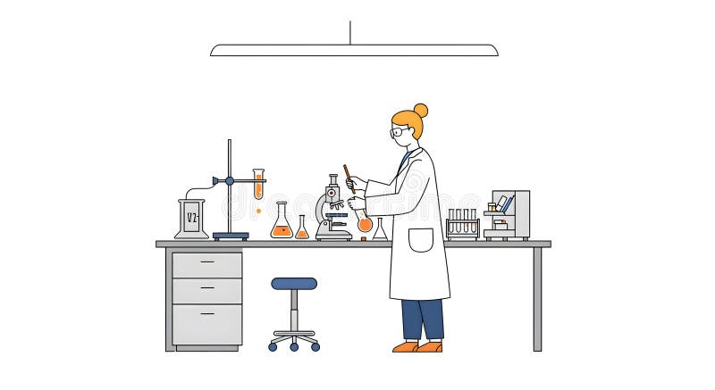 Flat Vector Illustration of Female Scientist Conducting Experiments in ...