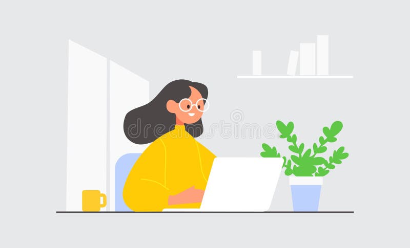 Flat Vector Illustration. Girl Working at a Laptop Stock Vector ...