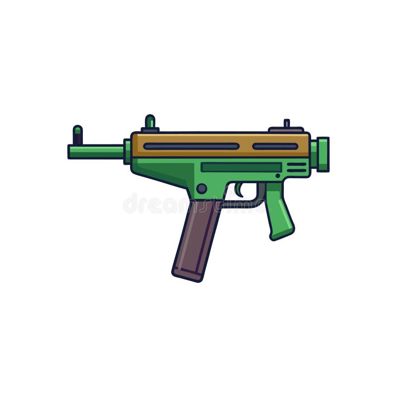 Stylized Submachine Gun Illustration in Green and Brown Tones Stock ...