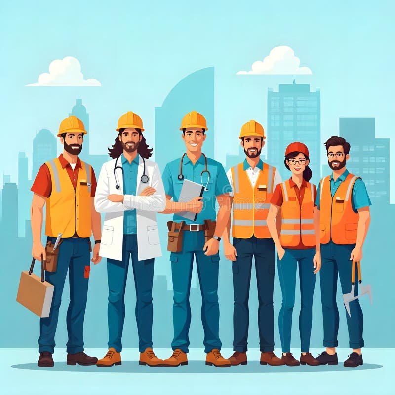 Flat Vector Illustration of a Group of Professional Workers on a Modern ...