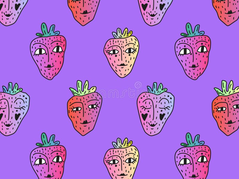 Flat Vector Illustration of Hand-Drawn Strawberries with Faces Seamless ...