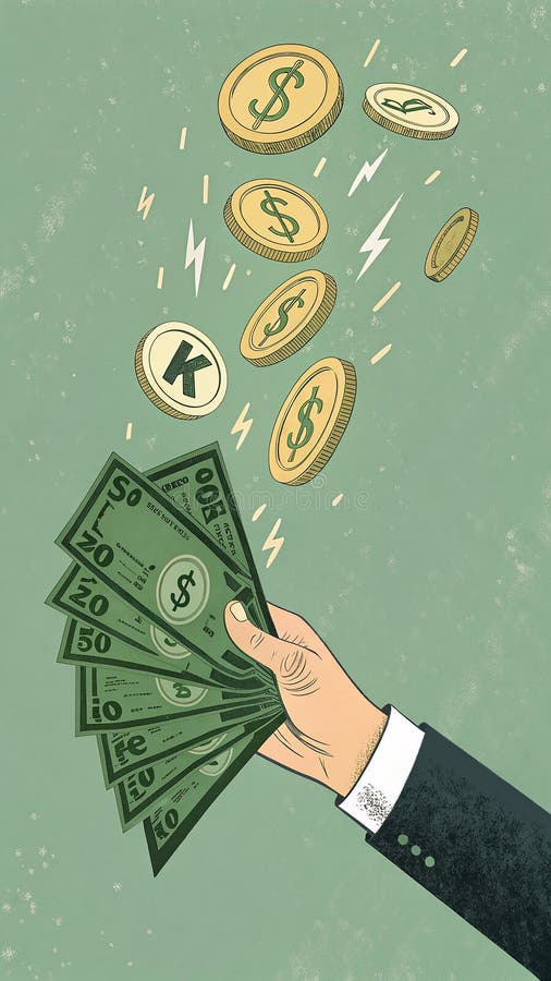 Hand Holding Stack of Dollar Bills with Floating Coins. Simple ...