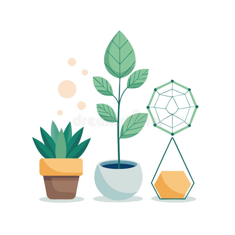Flat Vector Illustration of Potted Plants and Decorative Object on ...