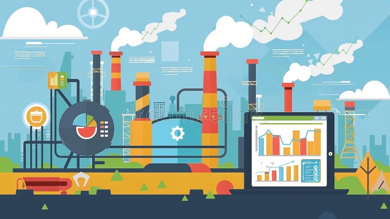 Flat Vector Illustration of Industrial Plant with Data Analytics and ...