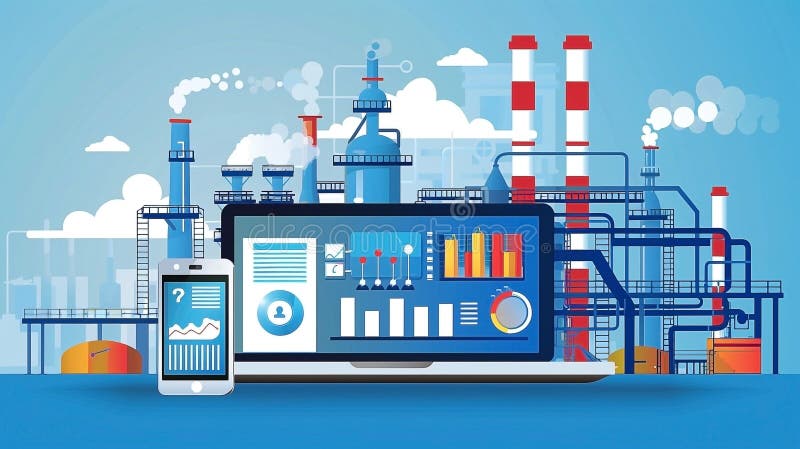 Flat Vector Illustration of Industrial Plant with Data Analytics and ...
