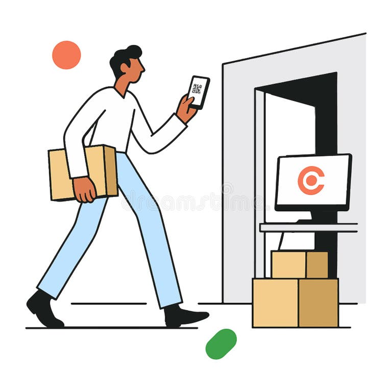 Flat Vector Illustration of a Man with a Parcel Scanning a QR Code at a ...