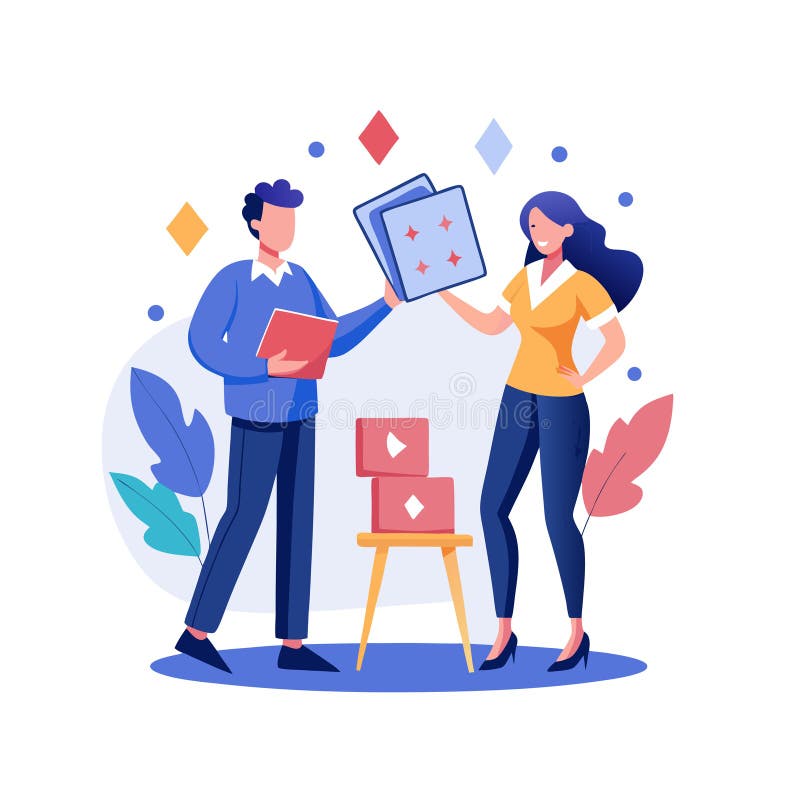 Man and Woman Discuss Design Samples with Diamond Patterns in a Modern Flat Illustration Stock ...