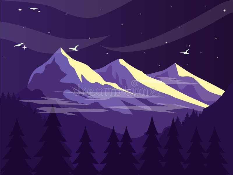 Flat Vector Illustration of Mountain Landscape with Orange Sunset and ...