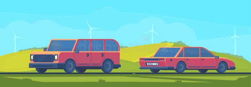 Flat Vector Illustration of Outdoor Summer or Spring Landscape with Car ...