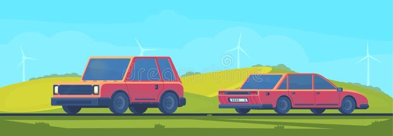 Flat Vector Illustration of Outdoor Summer or Spring Landscape with Car ...