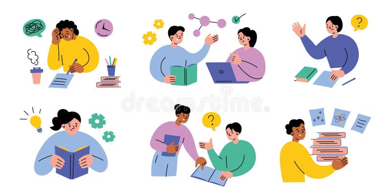 Flat Vector Illustration Set of Cartoon Students Learning, Studying ...