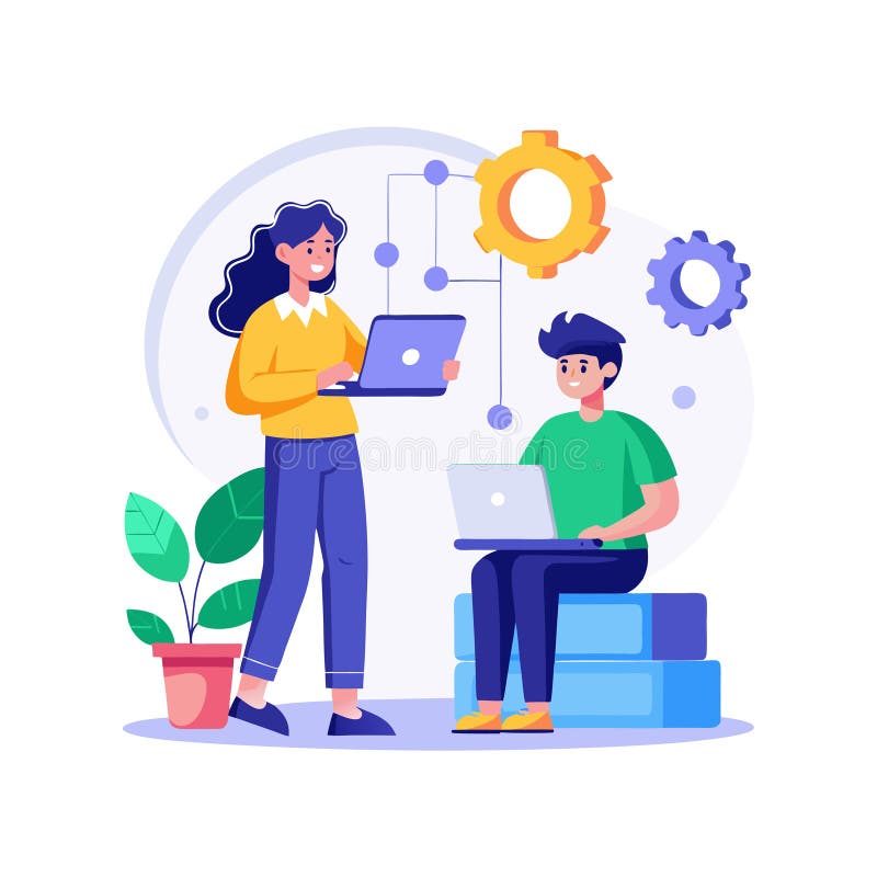 Team Collaboration with Laptops: a Flat Vector Illustration Depicting Technology and Innovation ...