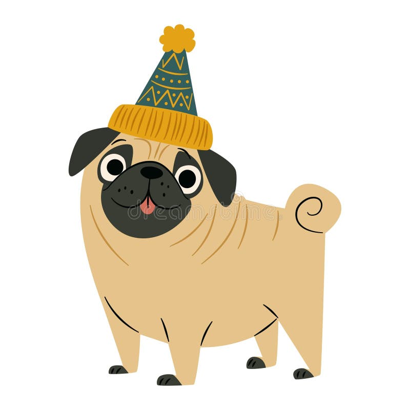 Flat Vector Illustration in a Simple Childish Style. Cute Pug in Winter ...