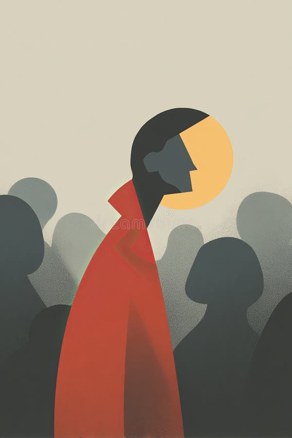 Flat Illustration, Standing Alone with Thoughts among Silhouettes of a ...