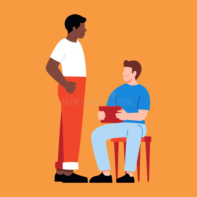 Two Male Characters Interacting Against an Orange Background Stock ...