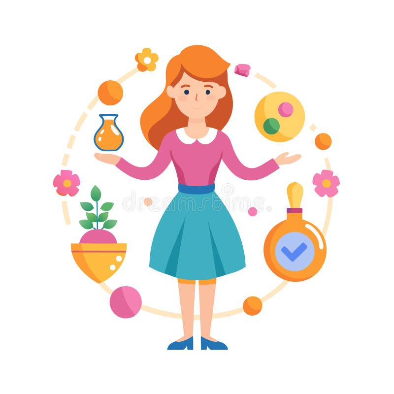 Flat Vector Illustration of a Woman Balancing Various Design Elements ...