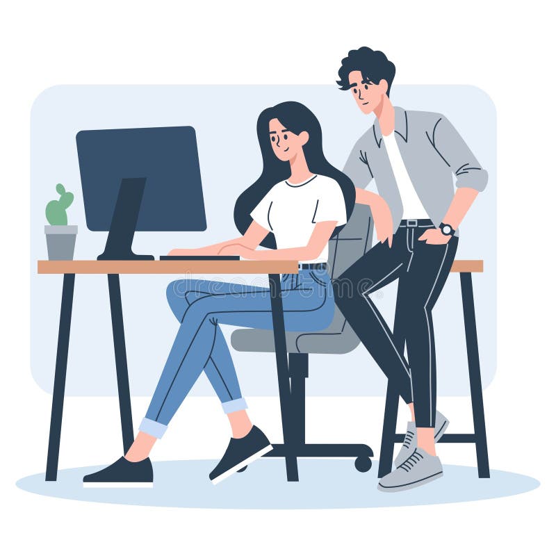 Flat Vector Illustration. Woman and Man Working Together in Office ...