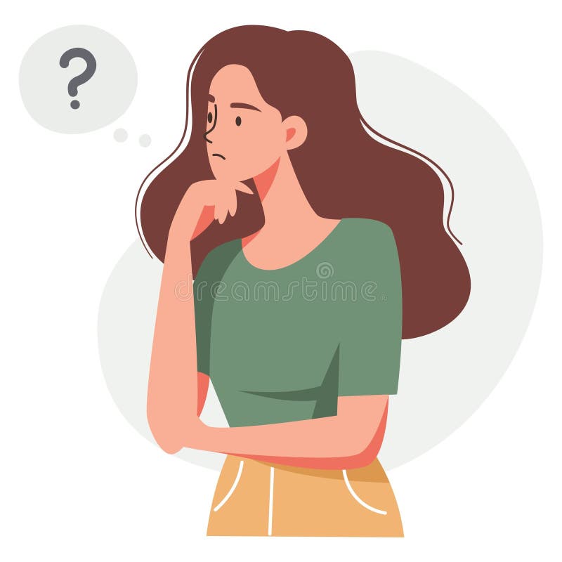 Flat Vector Illustration. Woman Stands in a Pensive Pose and Thinks ...