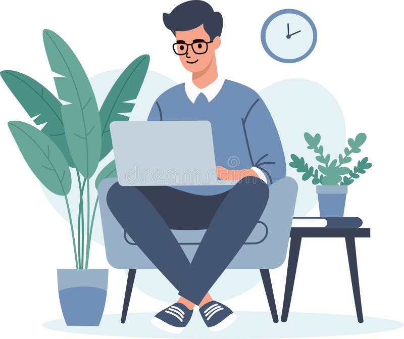 Flat Vector Illustration. Young Man Working at Home at the Computer ...