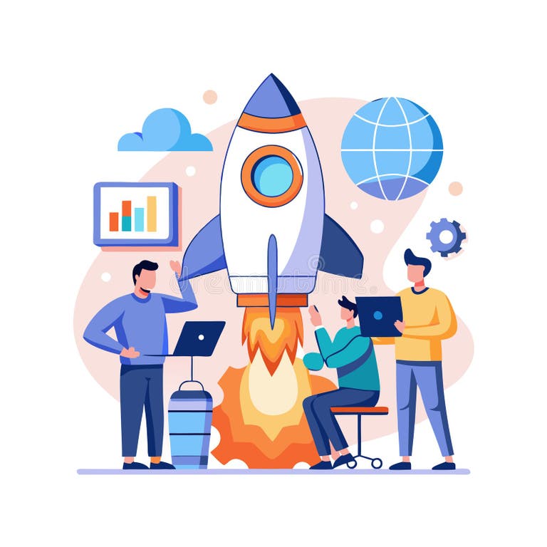 Startup Team Launching Rocket with Data Analysis and Global Strategy in Flat Vector Design Stock ...