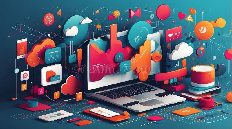 Flat Vector of Interconnected Digital Devices with Cloud, Laptop, and ...