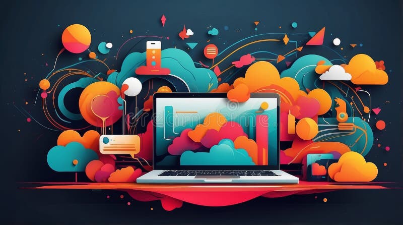 Flat Vector of Interconnected Digital Devices with Cloud, Laptop, and ...