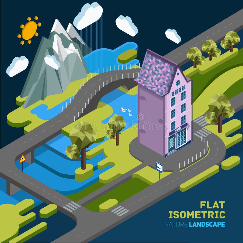 Flat Vector Landscape Isometric Concept Stock Vector - Illustration of ...