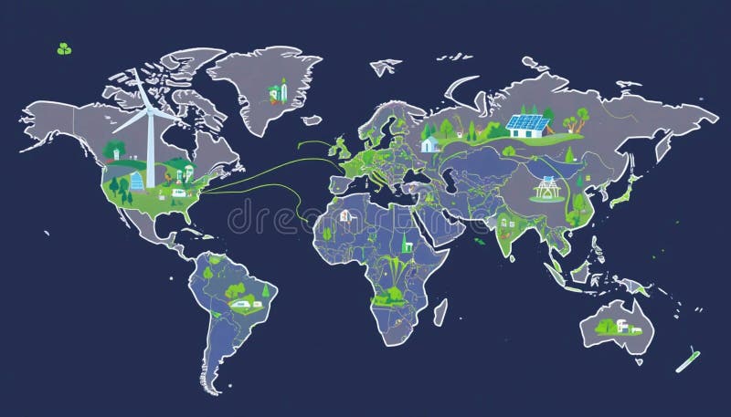 Flat Vector Map Illustration of Global Clean Energy Network Stock ...