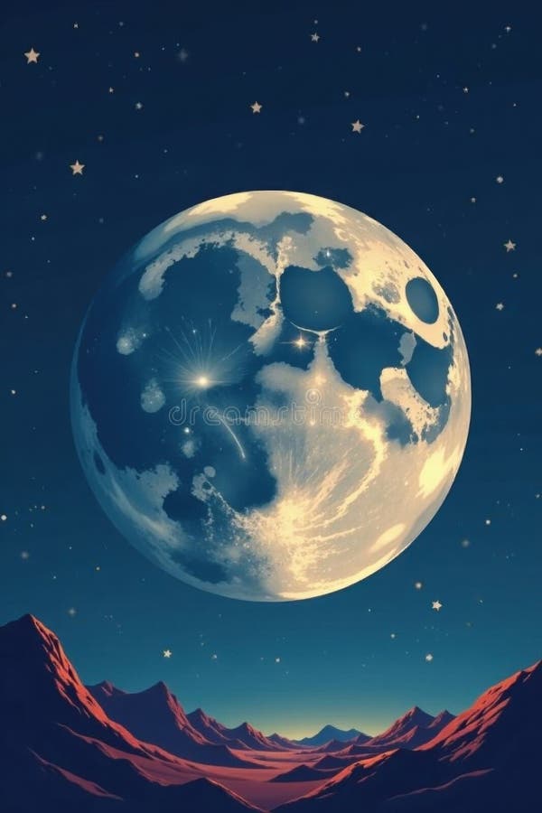 Flat Vector Moon with Craters, Scattered Stars, Simple Design , Orange ...