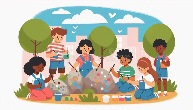 Diverse Kids Painting Colorful Rocks, Teamwork and Creativity in the ...