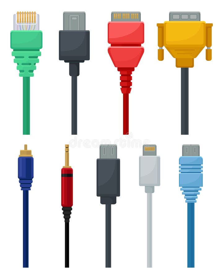 Flat Vector Set of Colorful Cables. Video and Audio, USB, DVI and ...